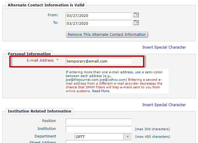 How can I set temporary alternate contact details in my Editorial ...