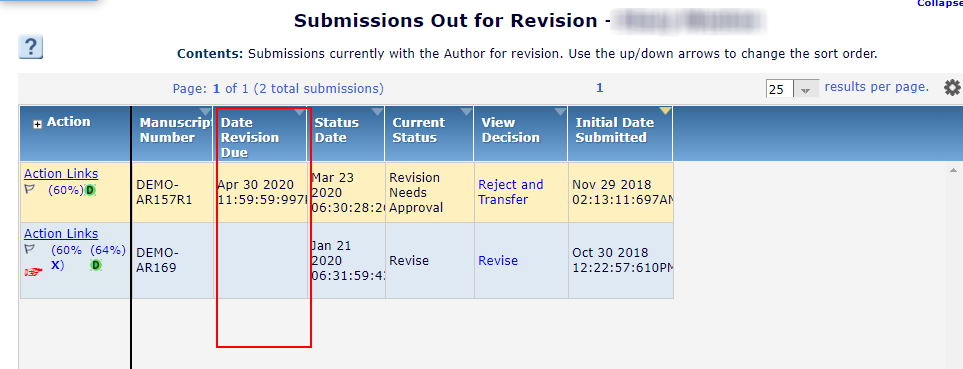 How do I view or edit an author revision due date in Editorial Manager ...